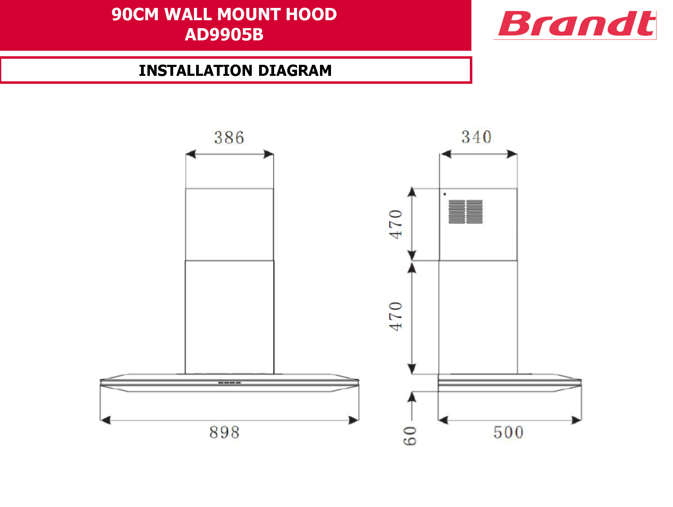 BRANDT WALL MOUNT CHIMNEY HOOD AD9905B | Gain City Singapore